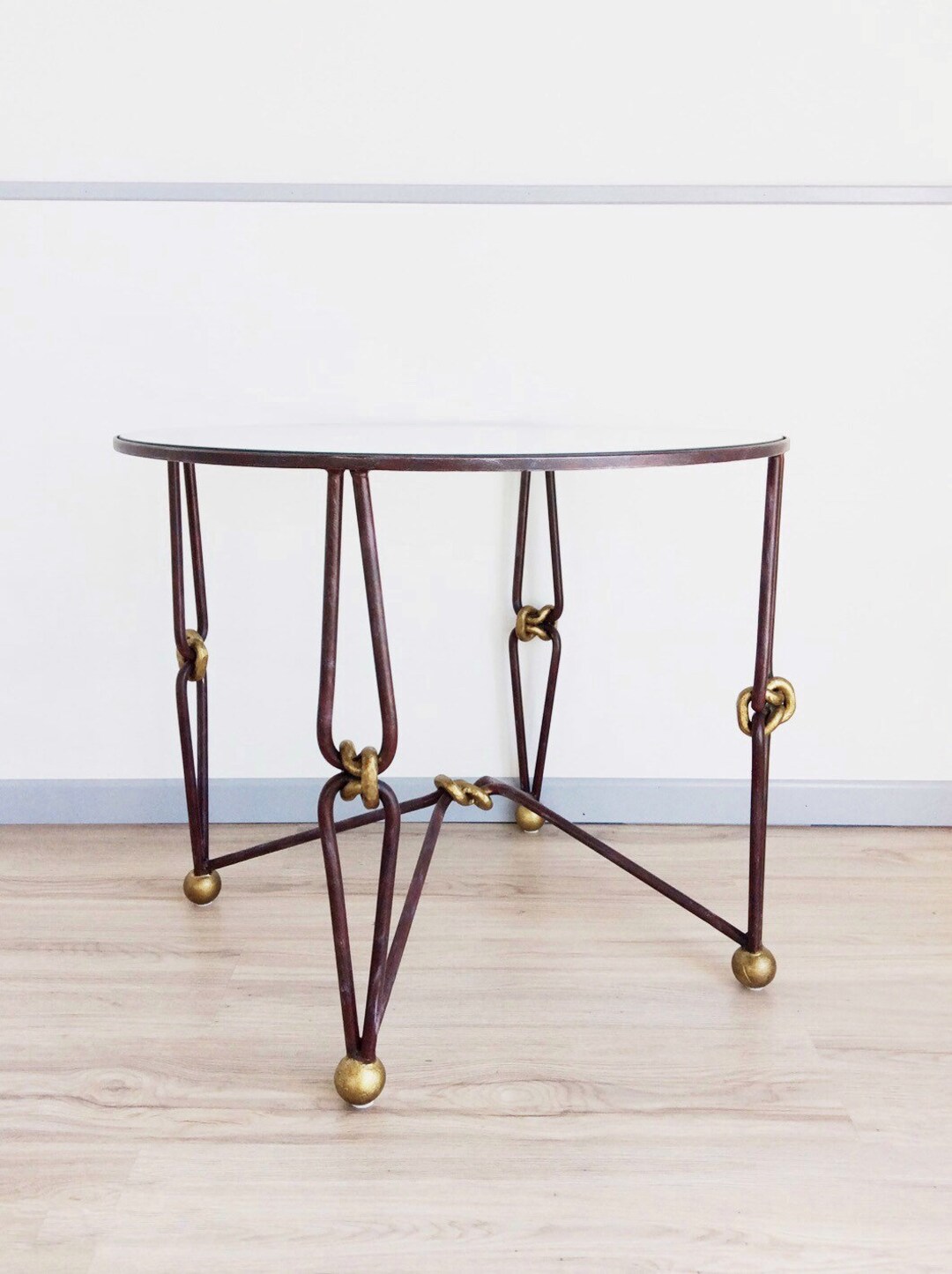 Round Coffee Table With Glass, in Wrought Iron, Decorated and Painted ...