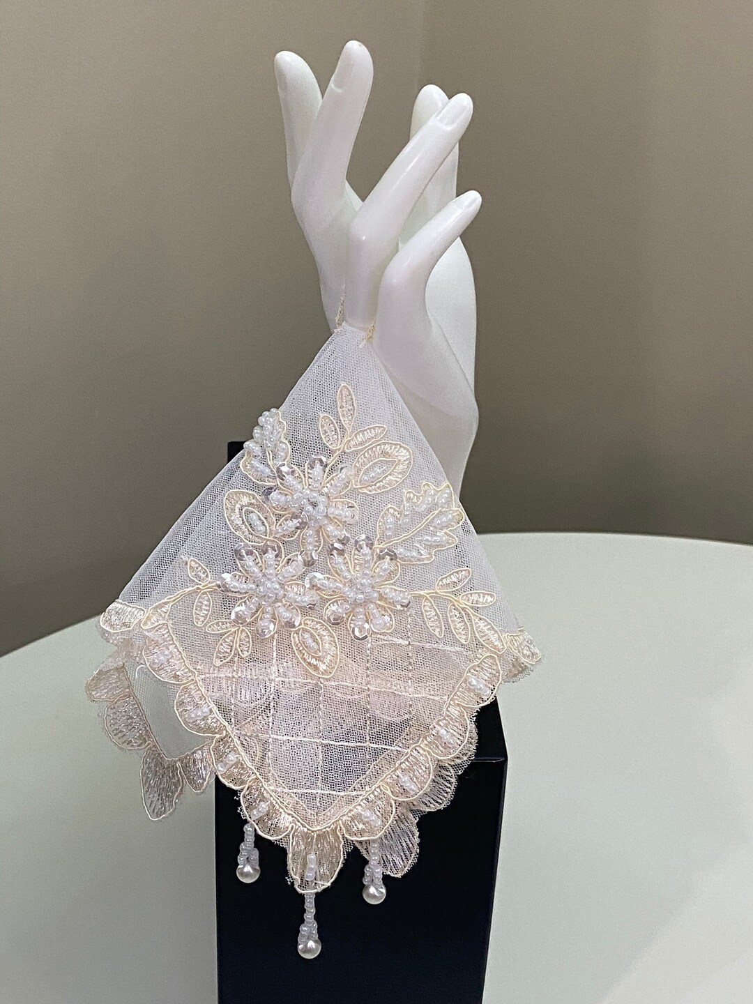 Ivory Mindil Wedding Handkerchief Mantili Handmade Pearl Maximum Detail ...