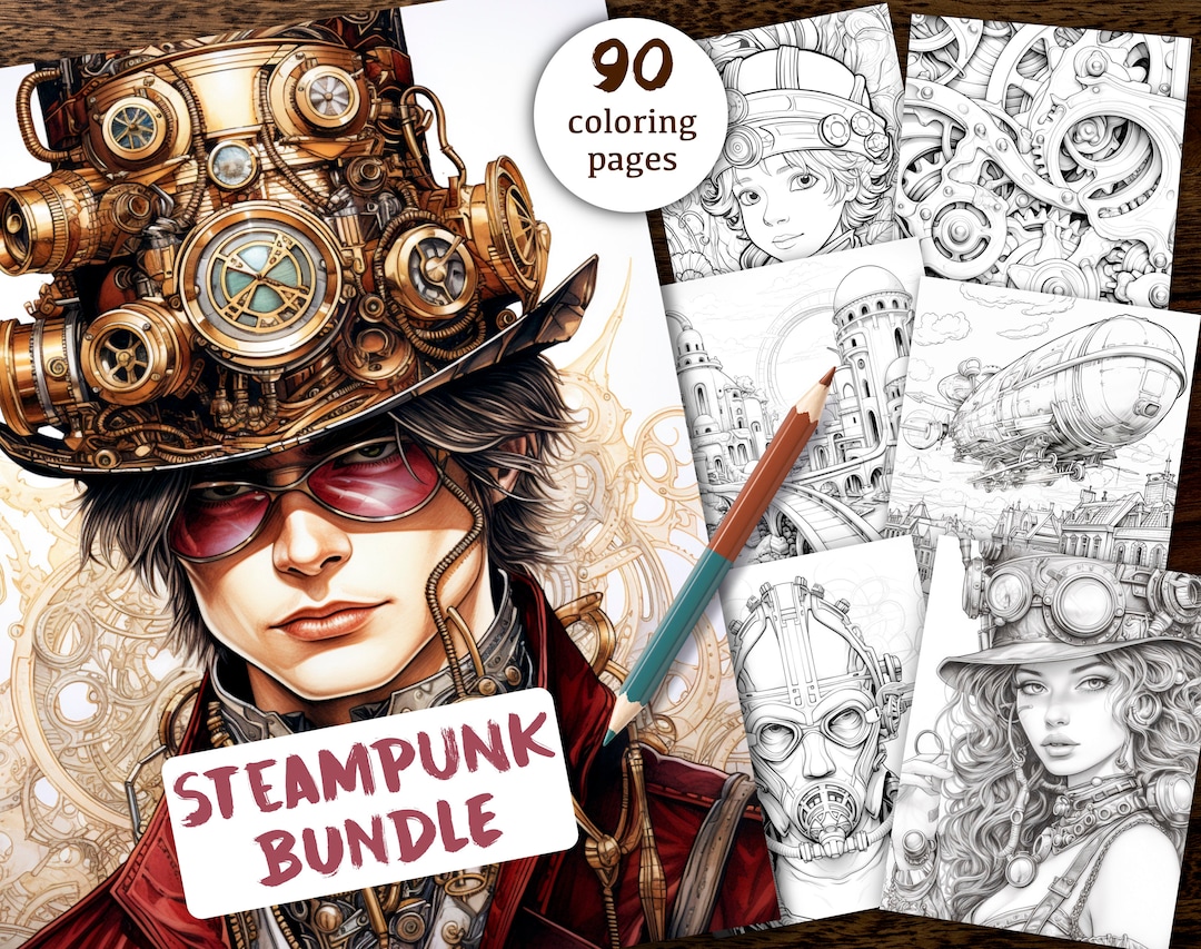 90 Steampunk World Coloring Pages, A Fantasy Coloring Book for Stress ...