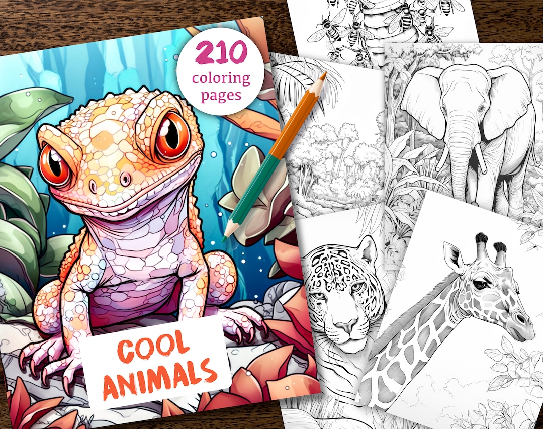210 Animals Coloring Book, Printable Animal Coloring Pages, Grayscale ...