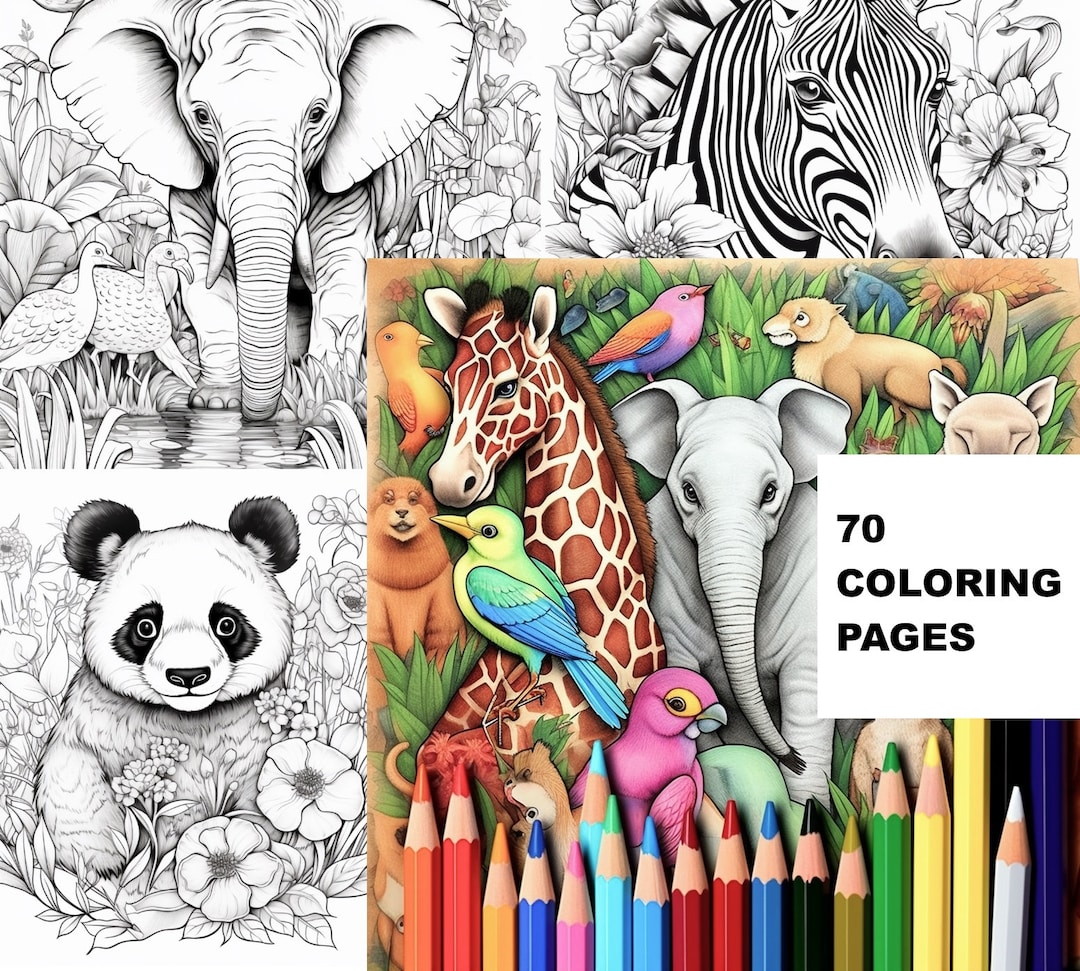 70 Animals Coloring Book, Printable Animal Coloring Pages, Grayscale ...