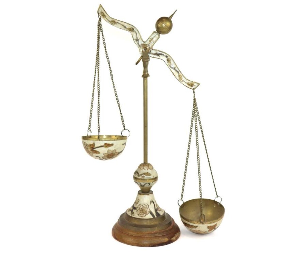 Vintage Indian Decorative Brass Balance Scale on Wooden Base, 34 Cm ...