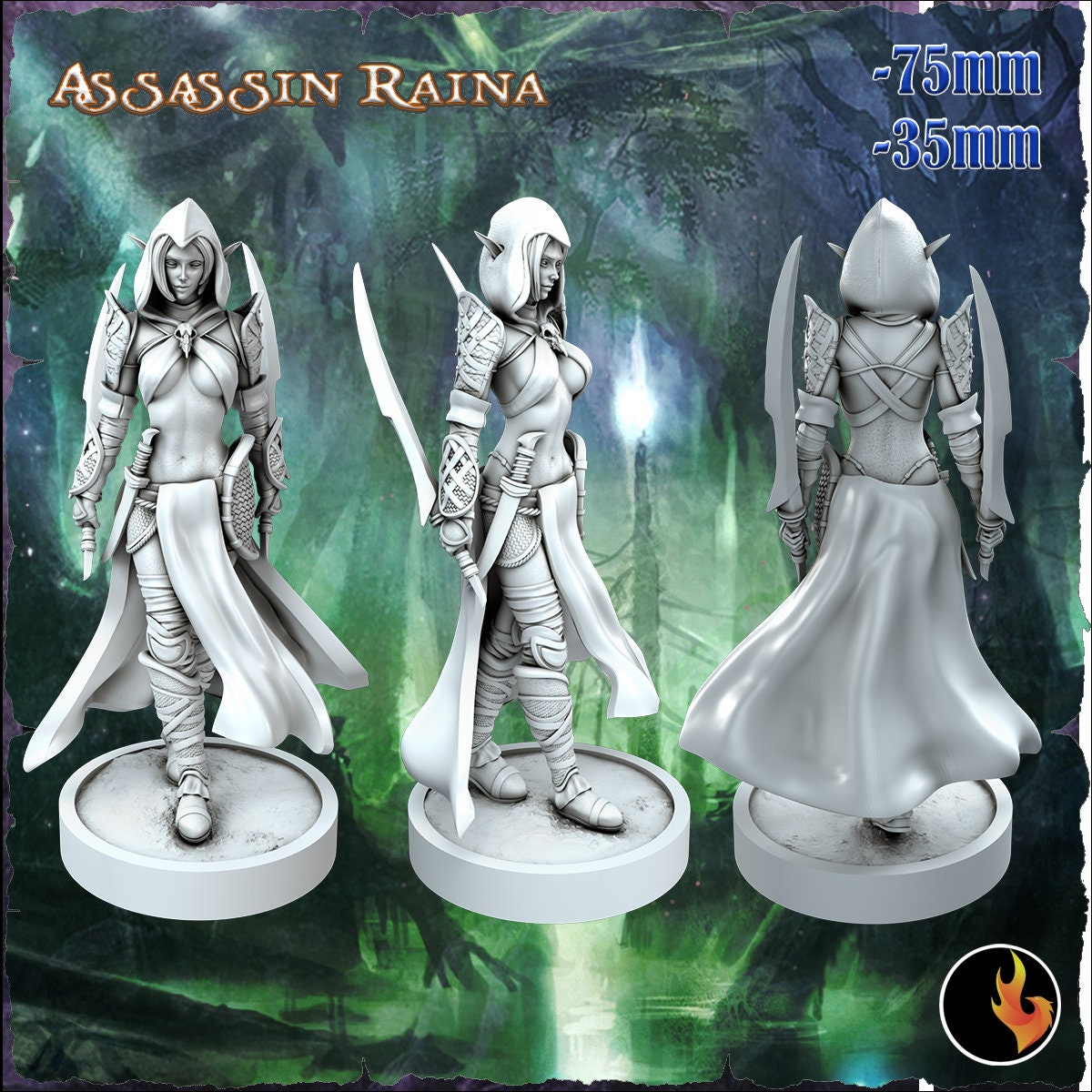 Raina, Elven Assassin, 35mm, 75mm Scale, RKS3D, Display Miniature, RPG, D&D, Dark Elf Assassin ...
