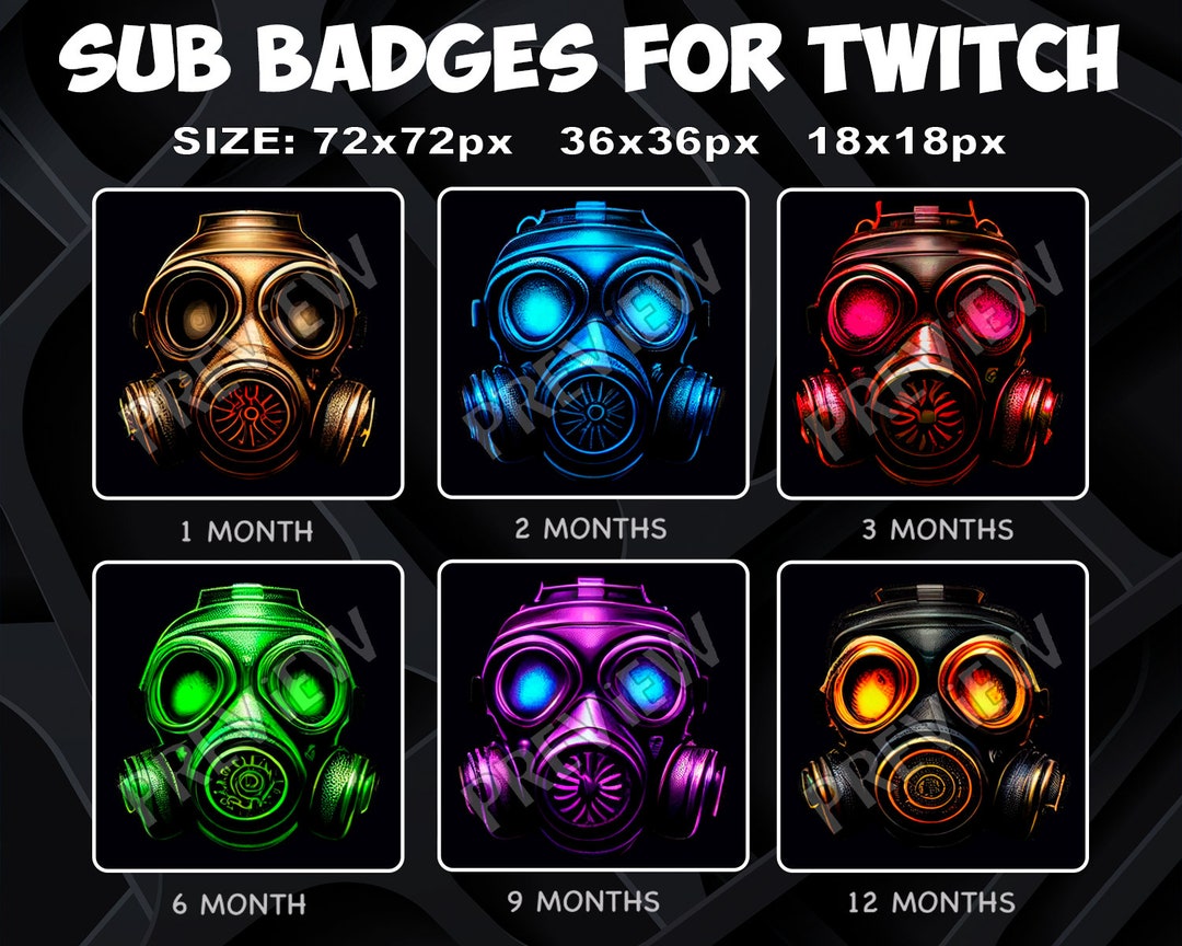 6 Gas Mask Sub / Bit Badges for Twitch Kick, Loyalty Badges Pack for ...