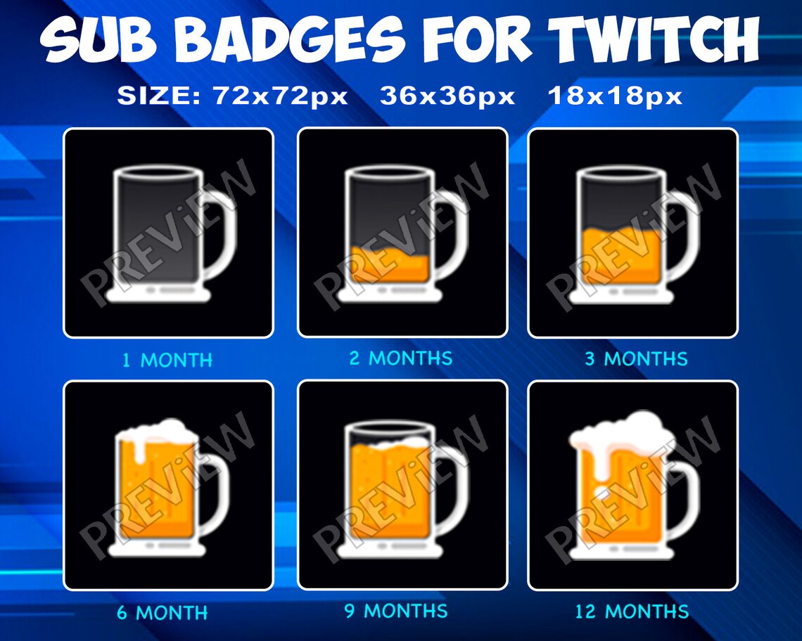 6 Beer Mug Cup Sub / Bit Badges for Twitch Kick, Loyalty Badges Pack ...