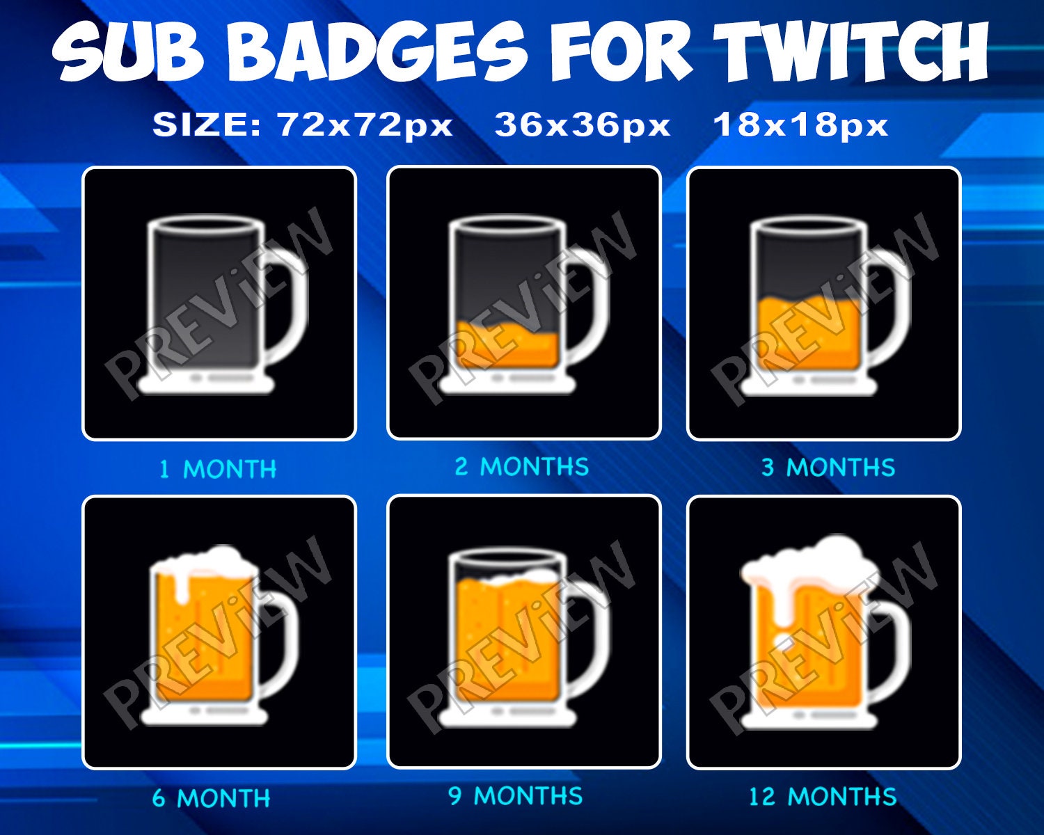 6 Beer Mug Cup Sub / Bit Badges for Twitch Kick, Loyalty Badges Pack ...