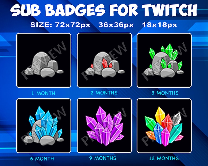 6 Crystals Sub / Bit Badges for Twitch Kick, Loyalty Badges Pack for ...