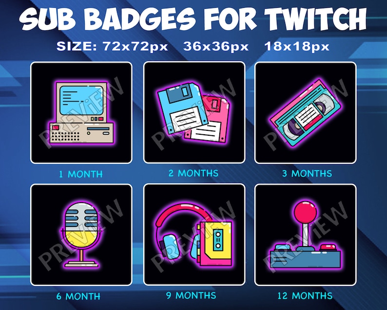 Retro 80s Twitch Kick Sub Badges Subscribers Sub Bit Loyalty Badges ...