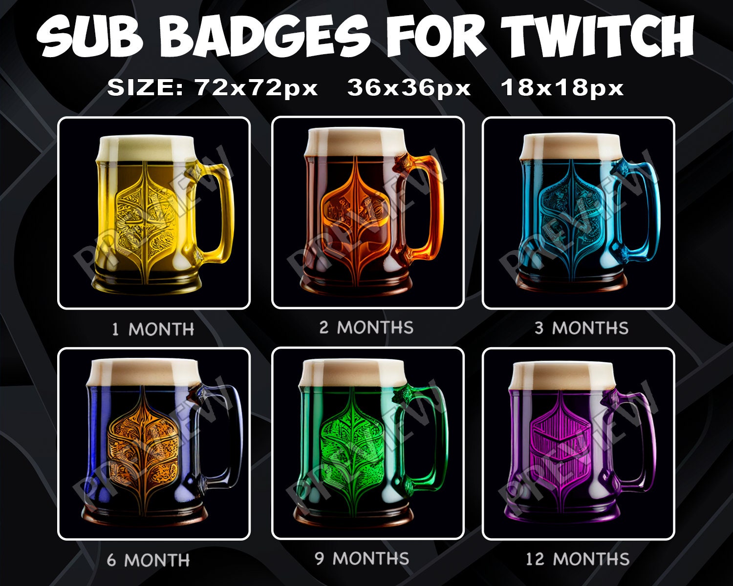 6 Beer Mug Cup Sub / Bit Badges for Twitch Kick, Loyalty Badges Pack ...