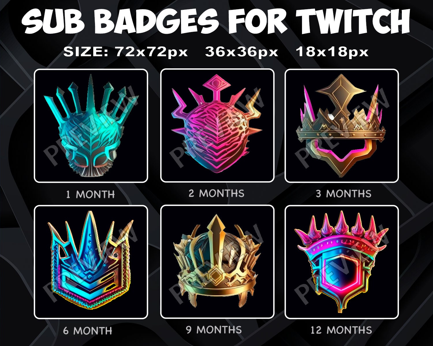 6 Twitch Neon Crowns Sub / Bit Badges for Twitch, Loyalty Badges Crown ...