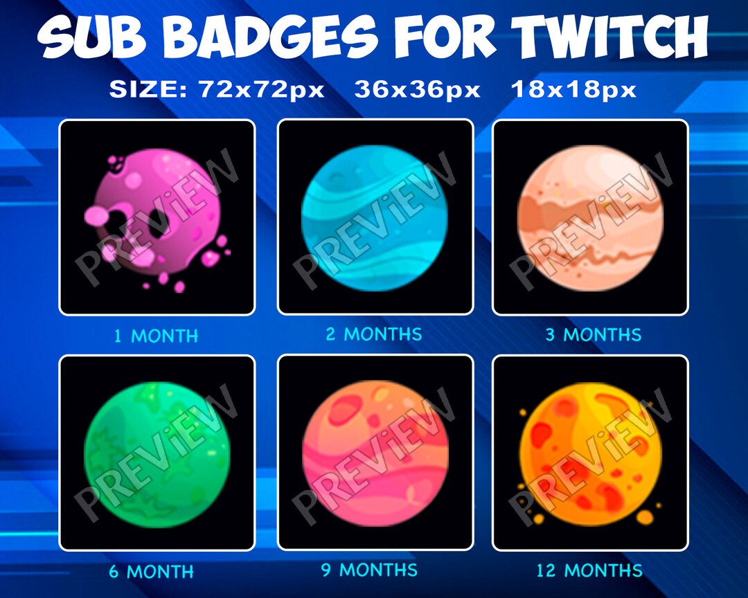 6 Galaxy Planet Sub / Bit Badges for Twitch Kick, Loyalty Badges Pack ...
