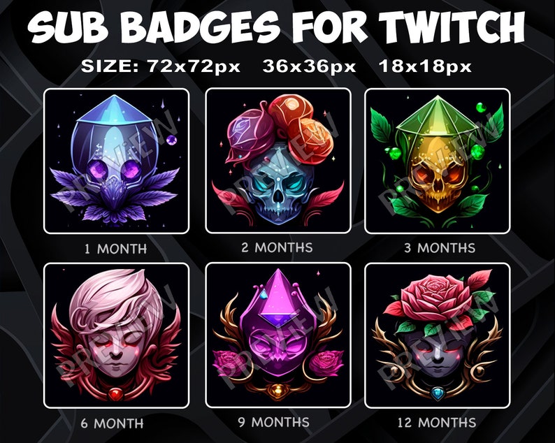 6 Skull Roses Twitch Kick Sub Badges / Twitch Kick Bit Badges Rose ...