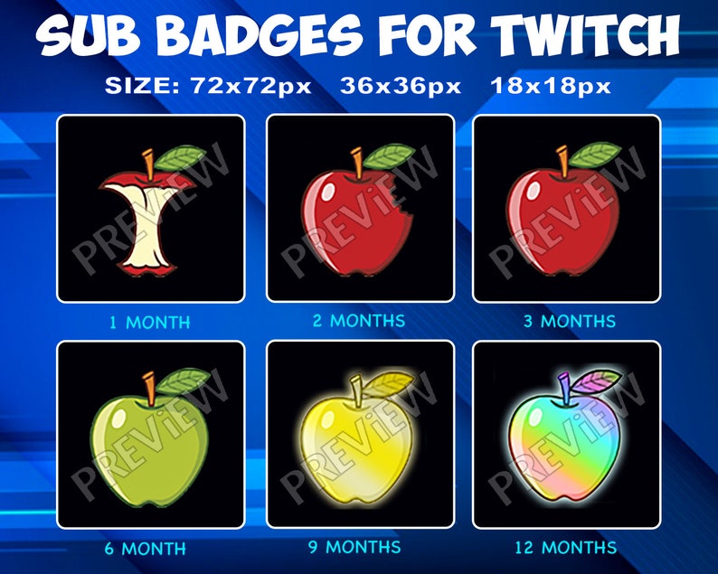 6 Apple Sub / Bit Badges for Twitch Kick, Loyalty Badges Pack for ...