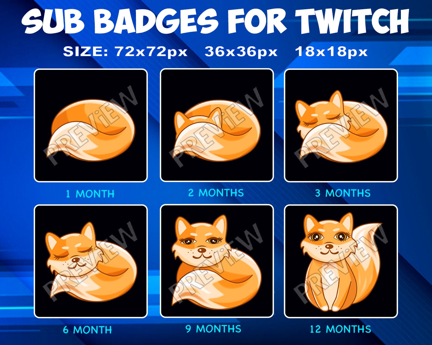 6 Cute Fox Sub / Bit Badges for Twitch Kick, Loyalty Badges Pack for ...