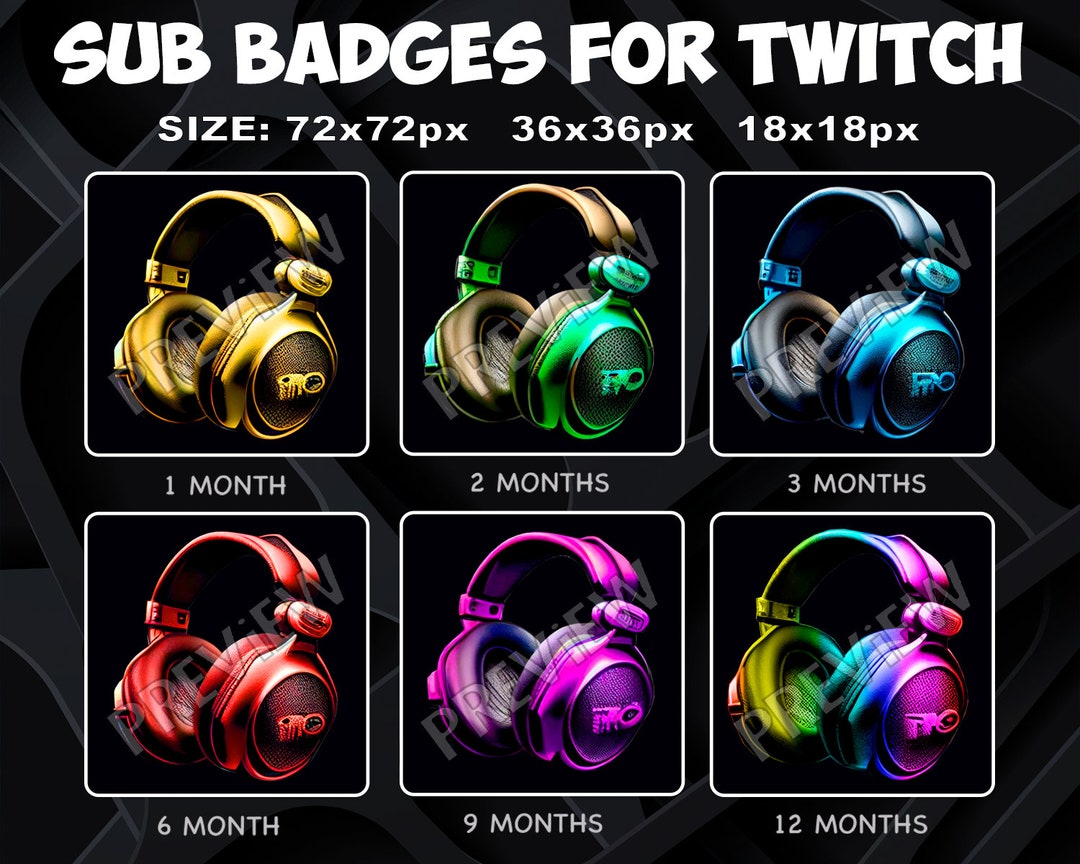 6 Headphones Sub / Bit Badges for Twitch Kick, Loyalty Badges Pack for ...