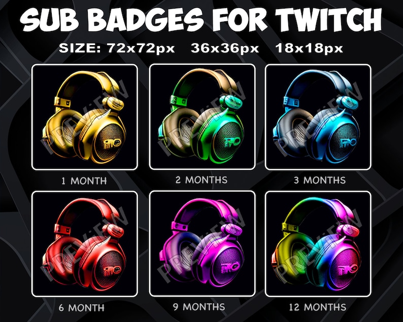 6 Headphones Sub / Bit Badges for Twitch Kick, Loyalty Badges Pack for ...