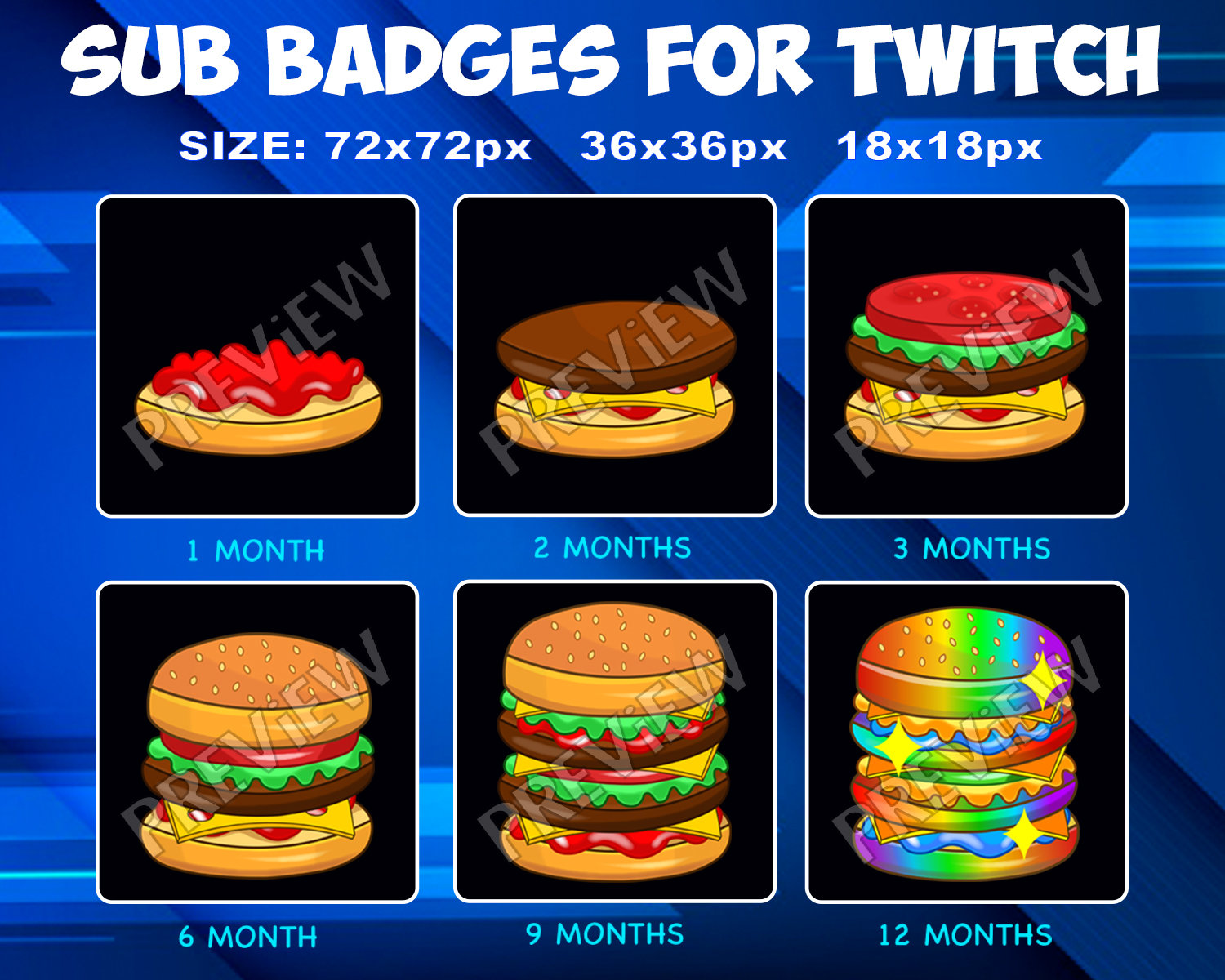 Hamburger Burger Sub / Bit Badges for Twitch Kick, Loyalty Badges Food ...