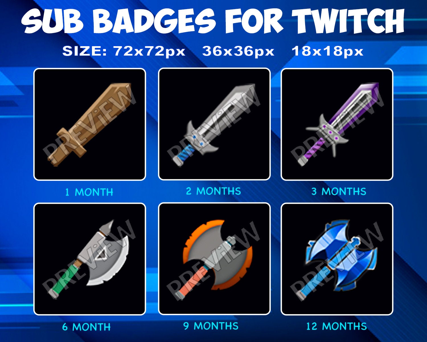 6 Swords Sub / Bit Badges for Twitch Kick, Loyalty Badges Pack for ...