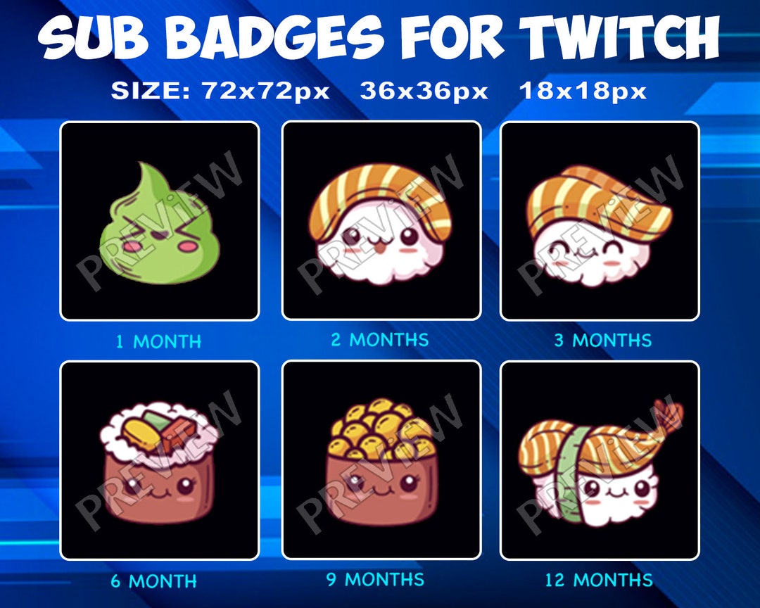 6 Sushi Kawaii Sub / Bit Badges for Twitch Kick, Loyalty Badges Pack ...