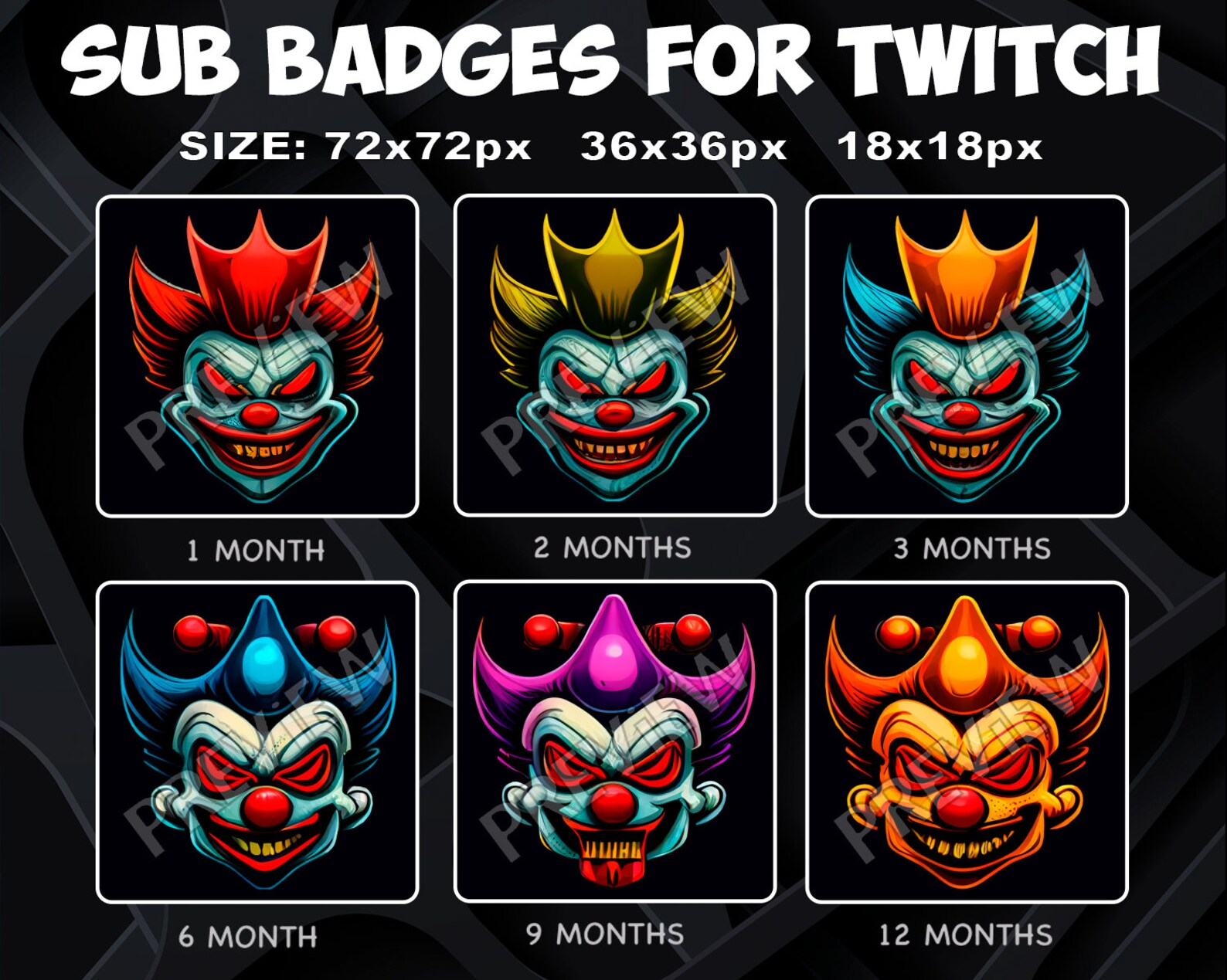 6 Clowns Sub / Bit Badges for Twitch Kick, Loyalty Badges Pack Clown ...