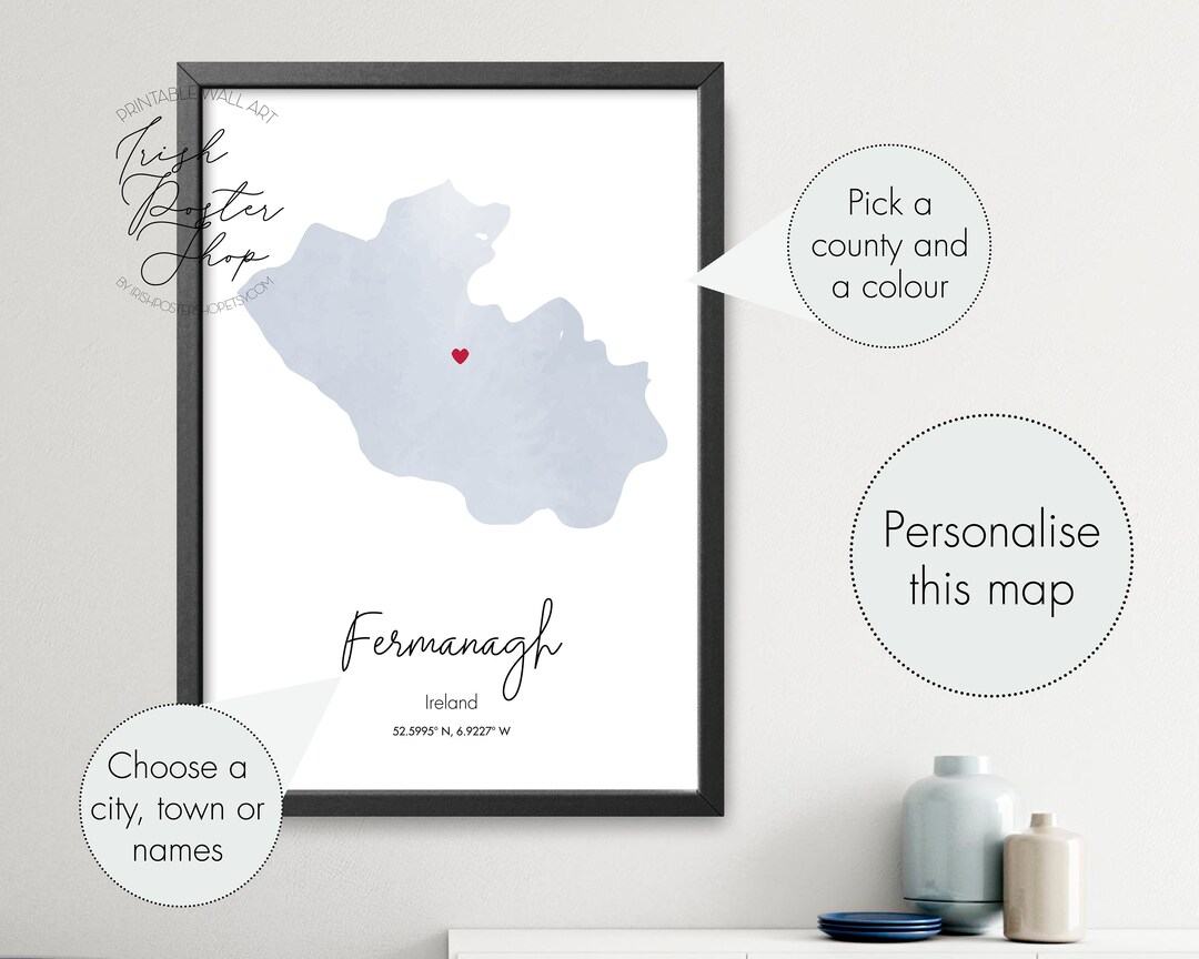 Irish County Fermanagh Watercolour Map - Irish Poster - Irish Print ...
