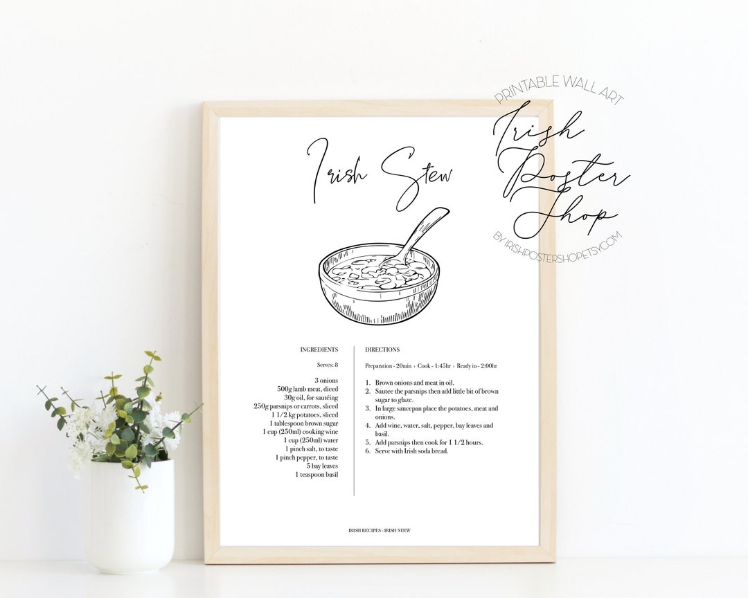 IRISH STEW RECIPE - Irish Food Art Poster - Kitchen Print - Kitchen ...