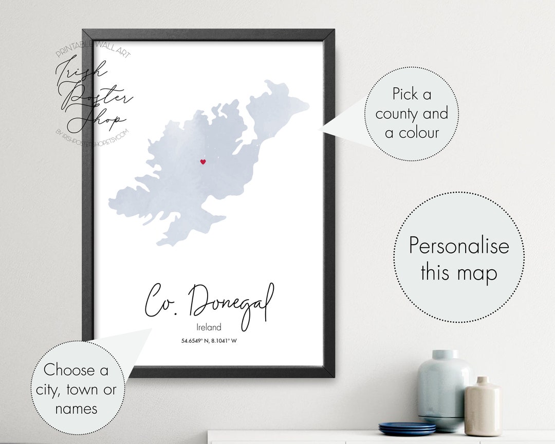 Irish County Donegal Map - Irish Poster - Irish Watercolour Print - St ...