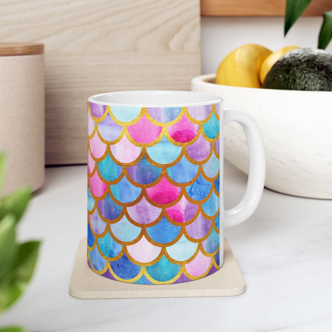 Mermaid Scale Ceramic Mug: Watercolor Fish Pattern With Gold Edge - Etsy
