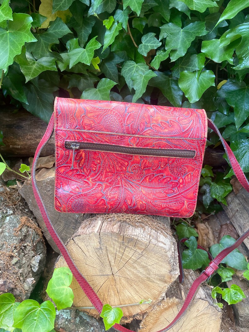 Vintage Red Hand-tooled Leather Crossbody Purse - Etsy
