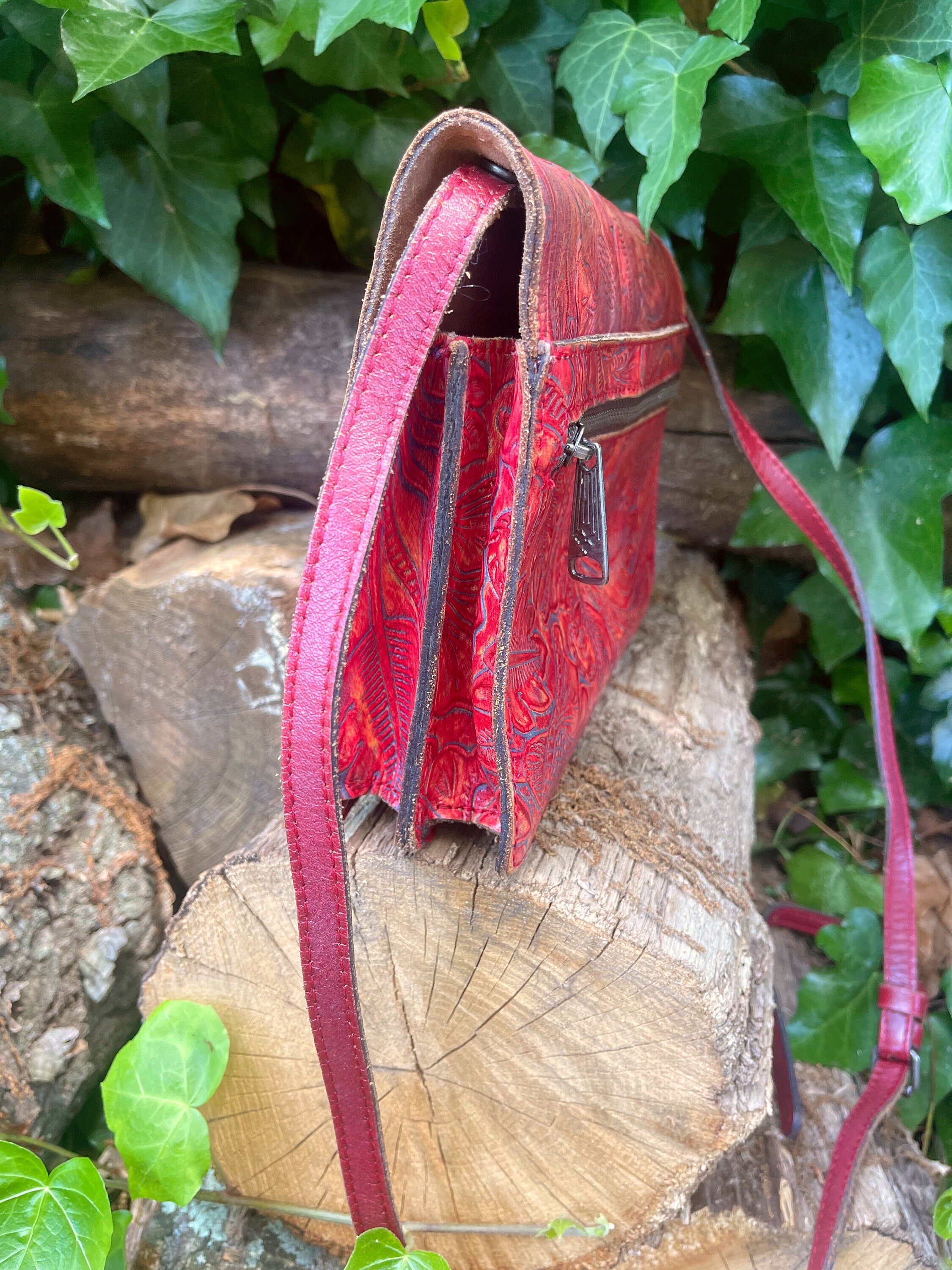 Vintage Red Hand-tooled Leather Crossbody Purse - Etsy