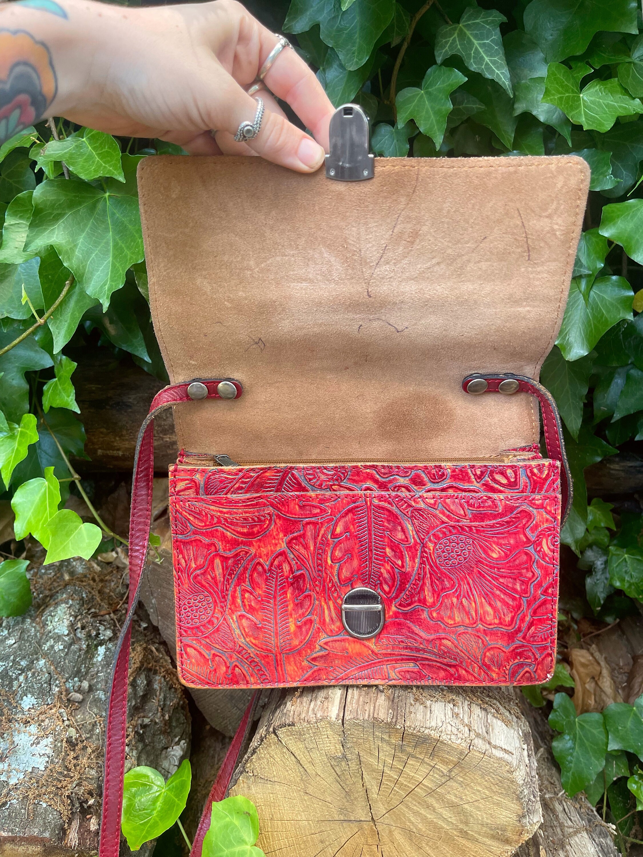 Vintage Red Hand-tooled Leather Crossbody Purse - Etsy
