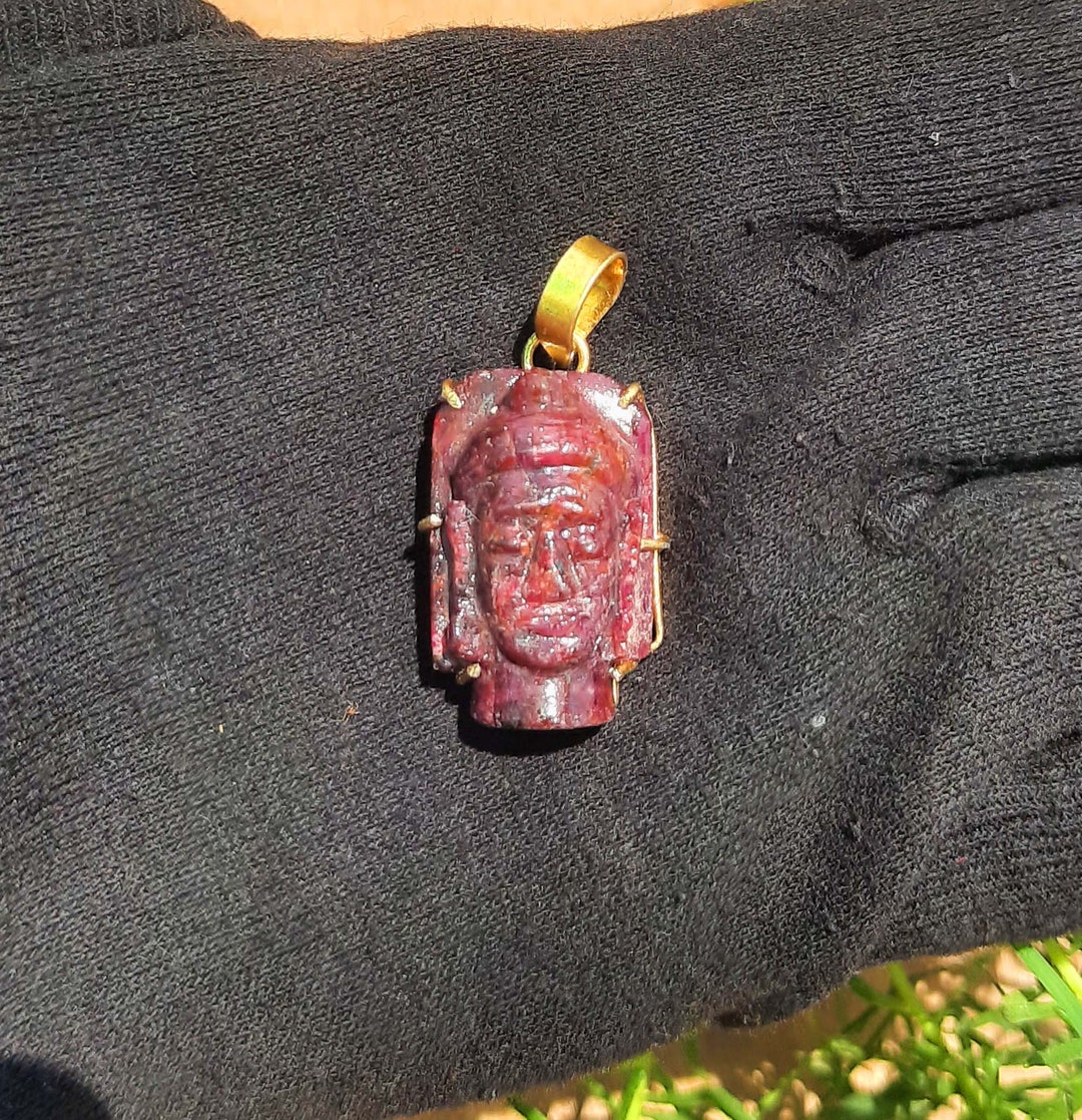 Natural Hand Carved Ruby Buddha Pendant, 18k Gold Plated Brass ...