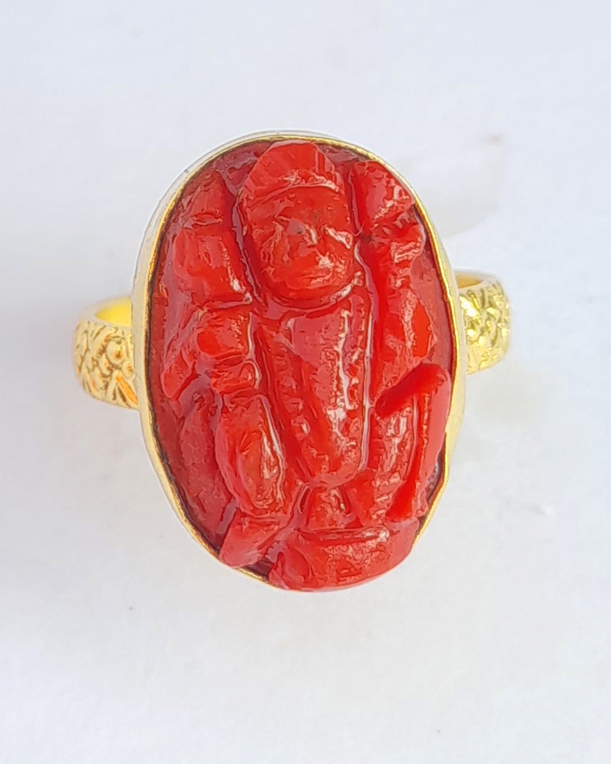 Beautiful Hanuman Ji Carving Ring, Dainty Coral Gemstone Jewelry, God ...