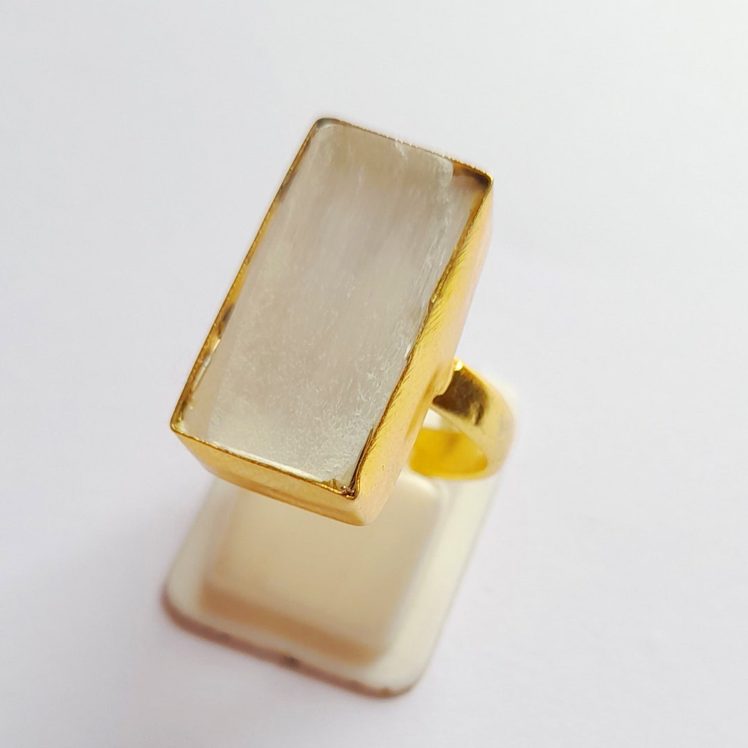 Beautiful Selenite Gemstone Ring, White Gemstone Jewelry, Gold Plated ...