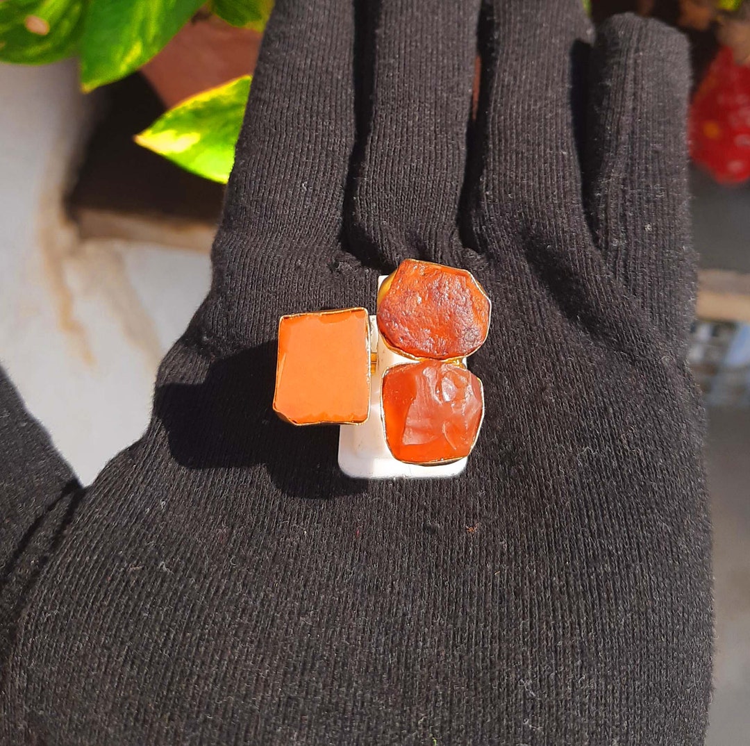 Red Stone Ring, Three Stone Ring, Raw Coral Stone Ring, Gold Plated ...