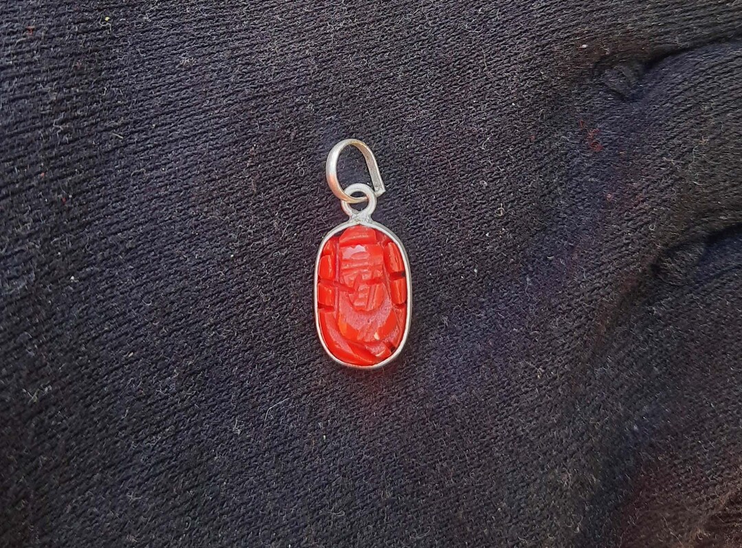 7 Ganesh Pendant, Red Coral Ganesh Gemstone Pendant, Silver Plated ...