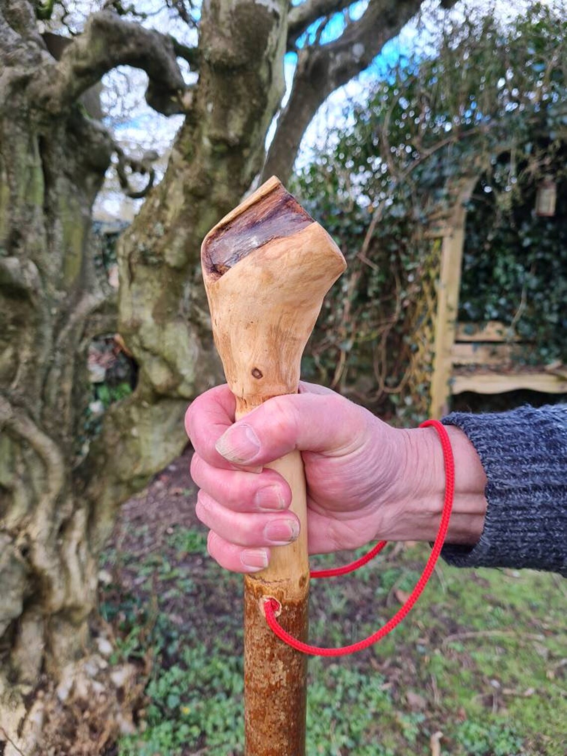 Hazel Staff With Stripped Handle and Red Cord Wrist Strap - Etsy UK
