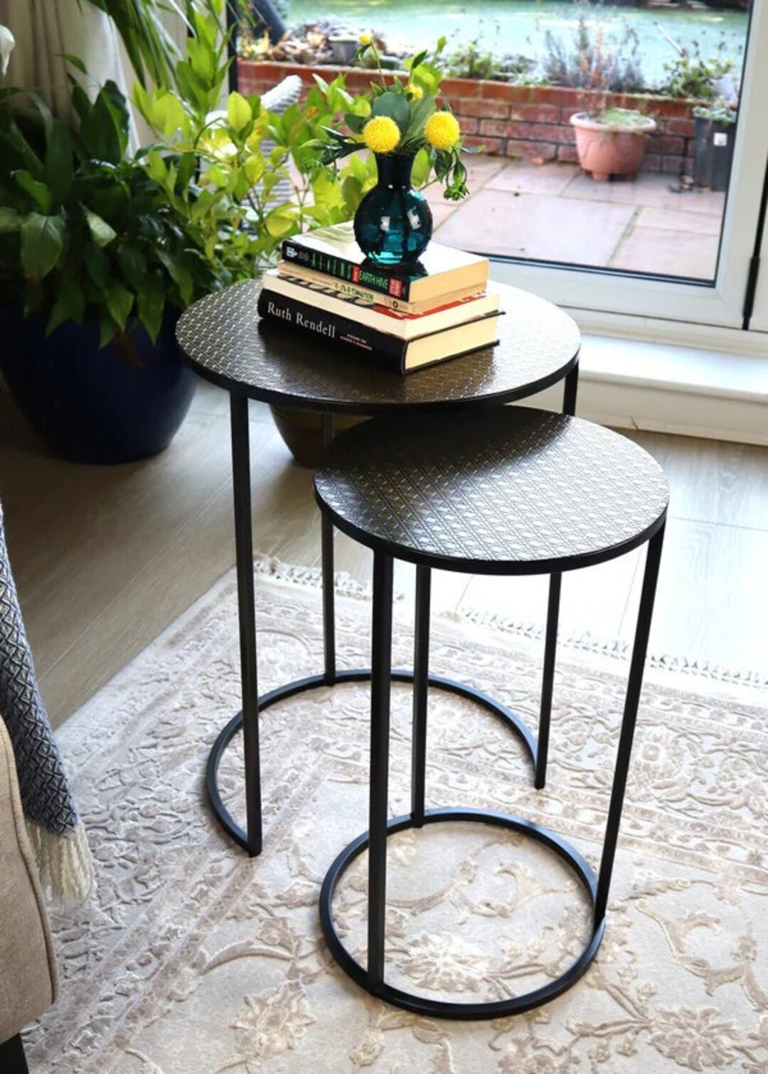 Bronze Side Nesting Tables Set of 2 Coffee End Round Gold Black Metal ...
