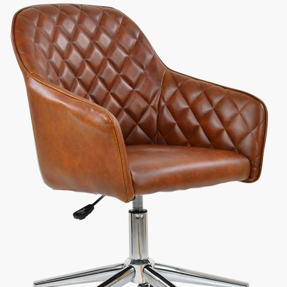 Brown Leather Office Desk Chair Vintage Faux Industrial Retro Swivel Boardroom Gas Powered Seat Breathable Armchair Etsy UK
