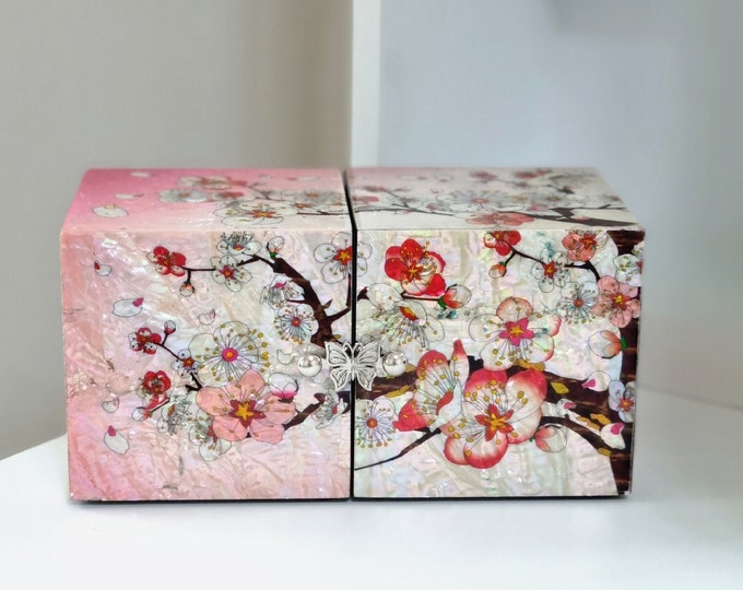 Mother of Pearl Asian Inlay Flower Jewelry Box Purple Vintage Keepsake ...