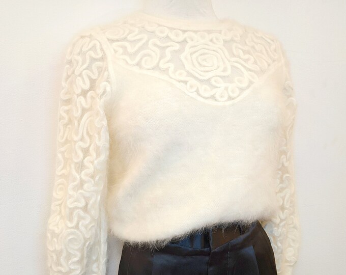 Cream Angora Sweater W/ Sheer Sleeves + Swirl Details // Vintage 1980s ...