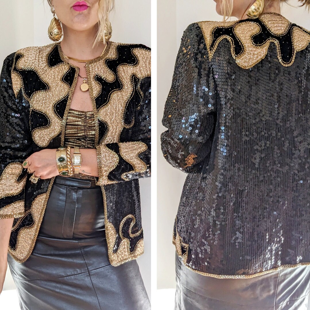 80s Gold Sequin Velvet Trophy Jacket - Etsy