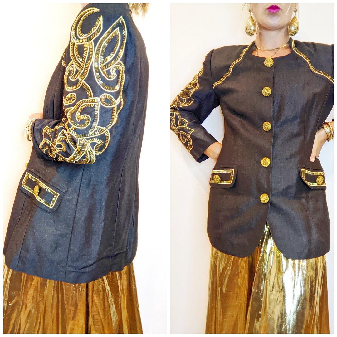 Black Gold Beaded Blazer // Linen Statement Jacket // Vintage 1980s ...