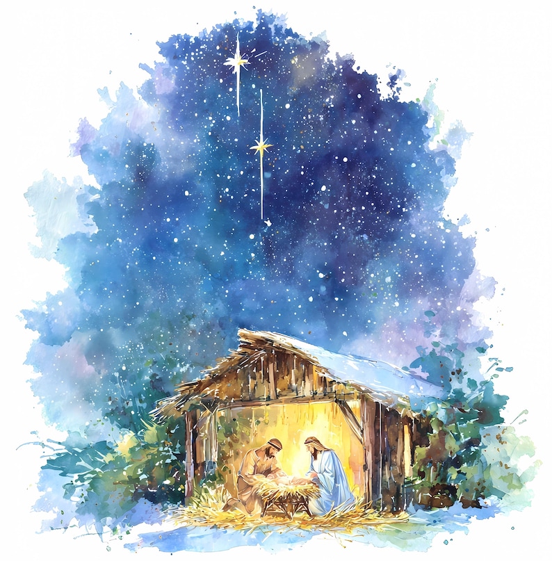 Nativity Watercolor Art Bundle: Holy Family, Manger Scene (digital ...