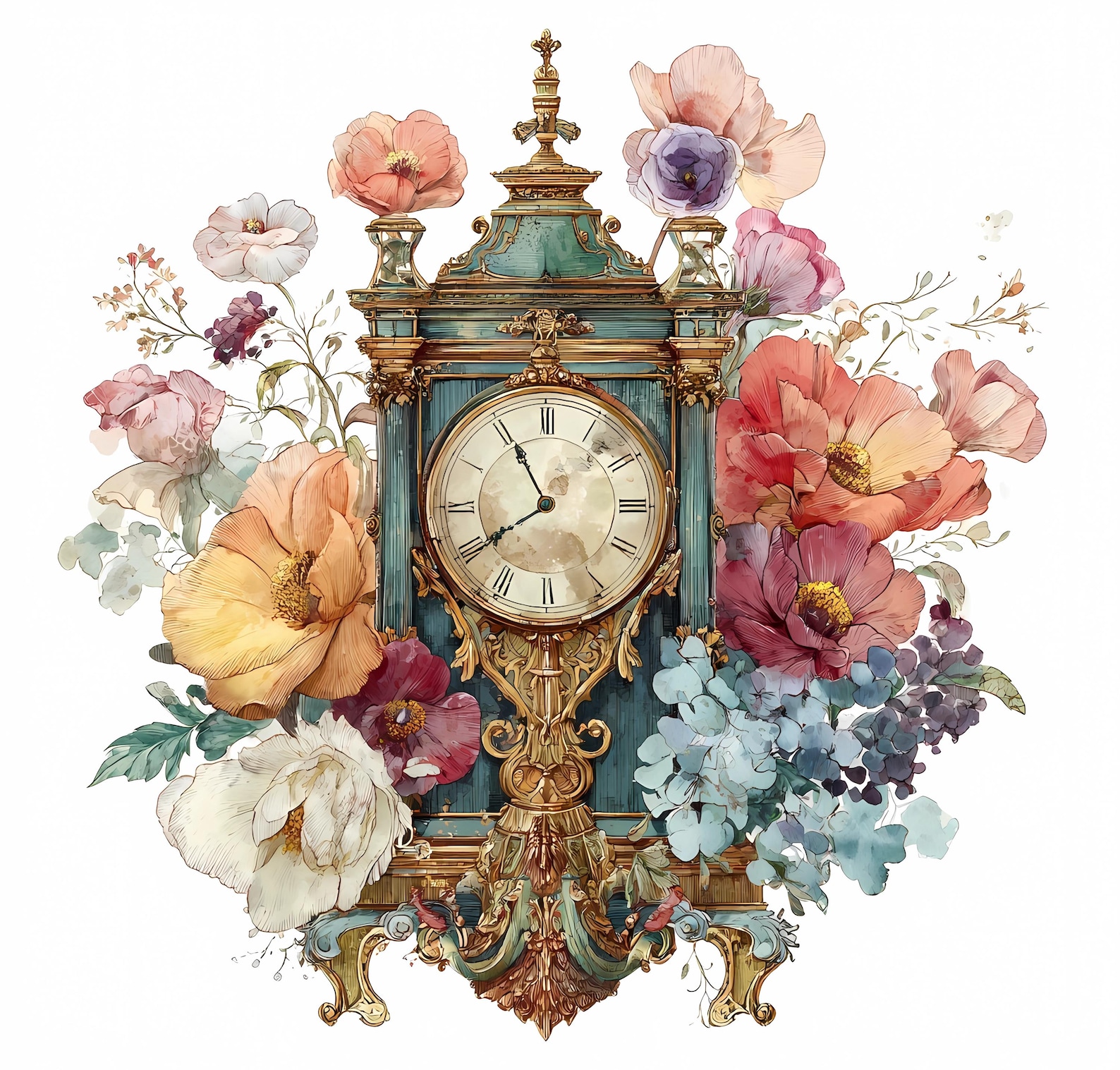Vintage Floral Clock Wall Art Bundle Set of 12, Romantic Botanical ...