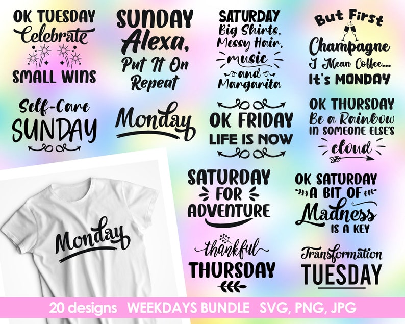 7 Days of the Week SVG Bundle, Weekdays Hustle Quote SVG, Monday to ...