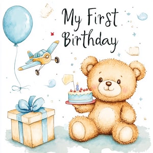 My First Birthday Teddy Bear Clipart Bundle – Blue Baby Bear, Cake ...