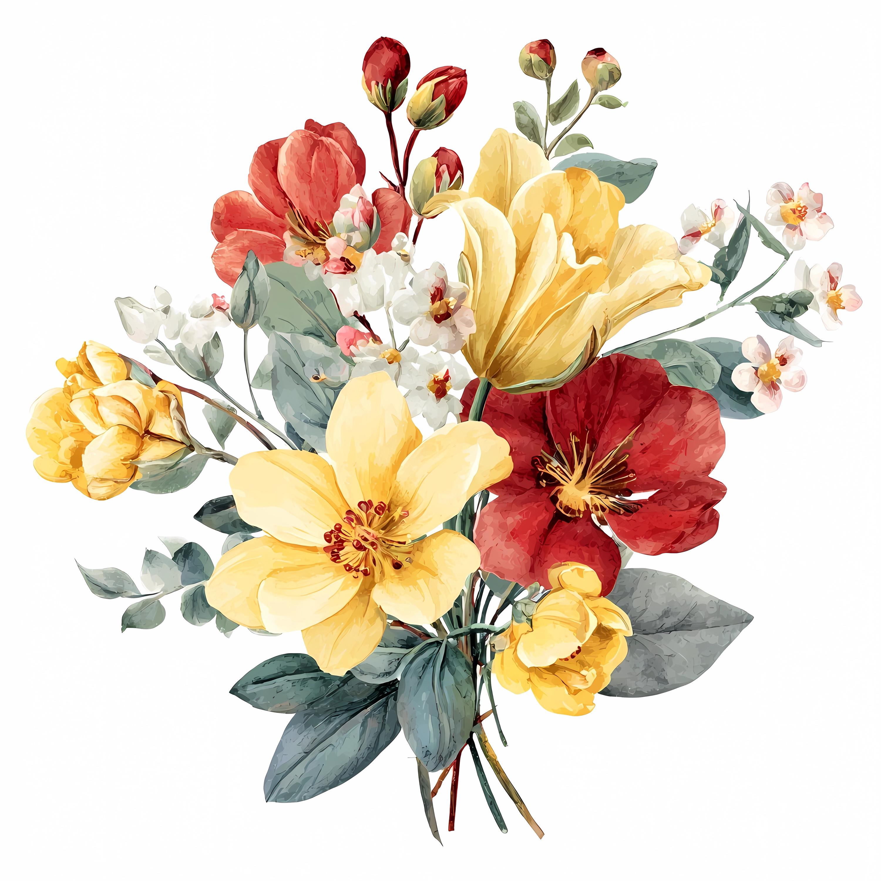 Red and Yellow Floral Wall Art Set: Watercolor Flower Prints (JPG PNG ...