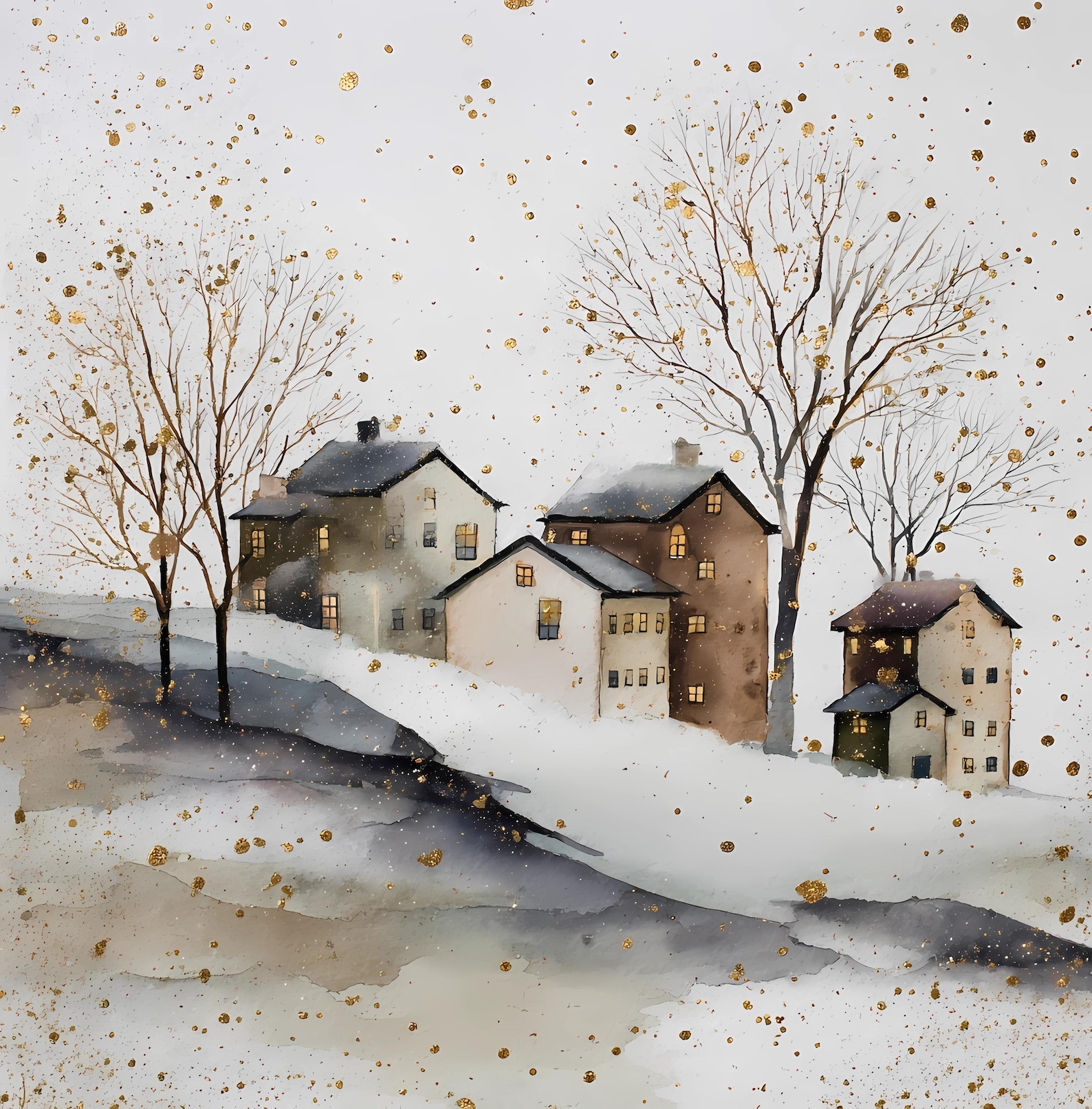 Winter Village Watercolor Print Set, Rustic Snowy Cottages, Nordic ...