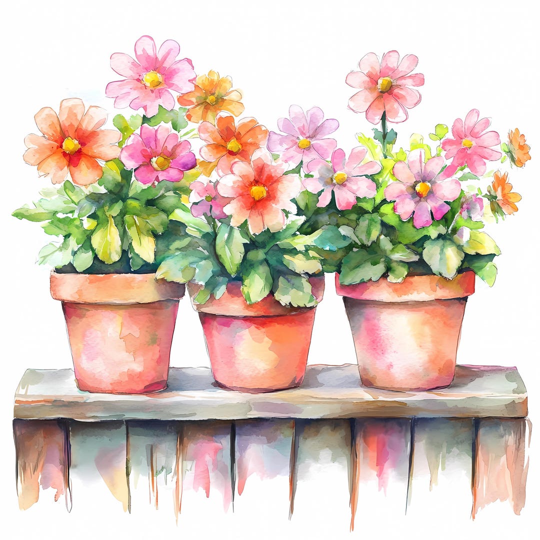 Watercolor Flowerpot Clipart Bundle: Spring Blooms PNG JPG (commercial ...